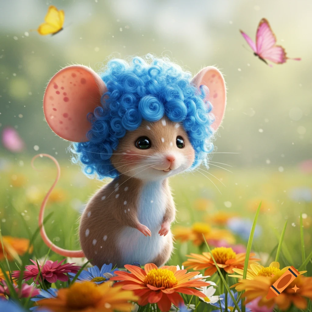 A cartoon field mouse in a blue hoodie sits in a sunny flower field ...