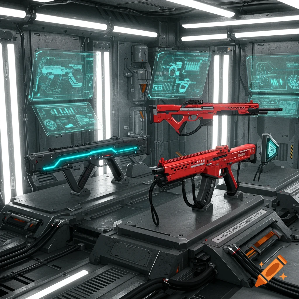 A futuristic black and teal submachine gun floats over a workbench with ...