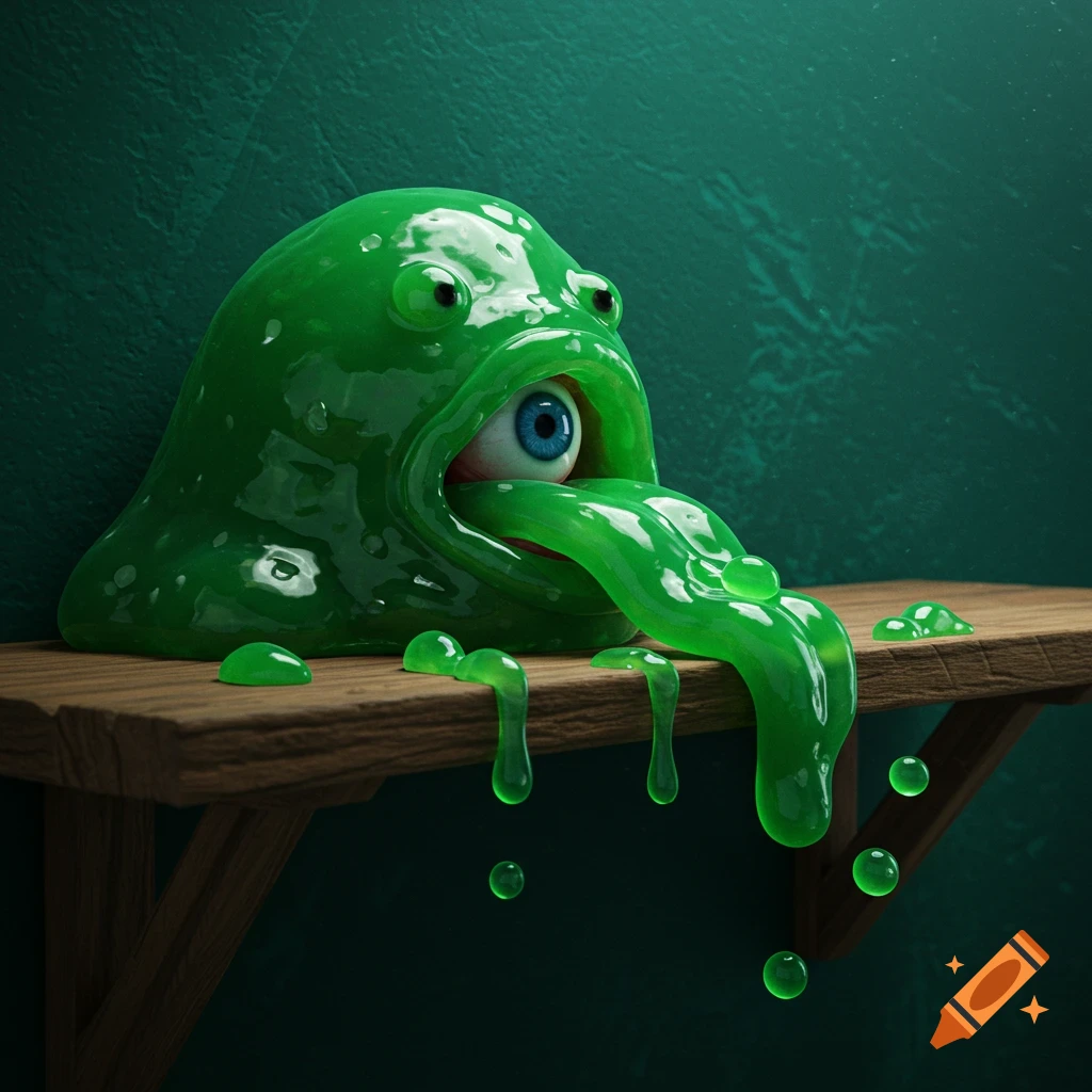 A bright green, round 3D emoji with a disgusted, sick expression, wide eyes, and an open mouth ...