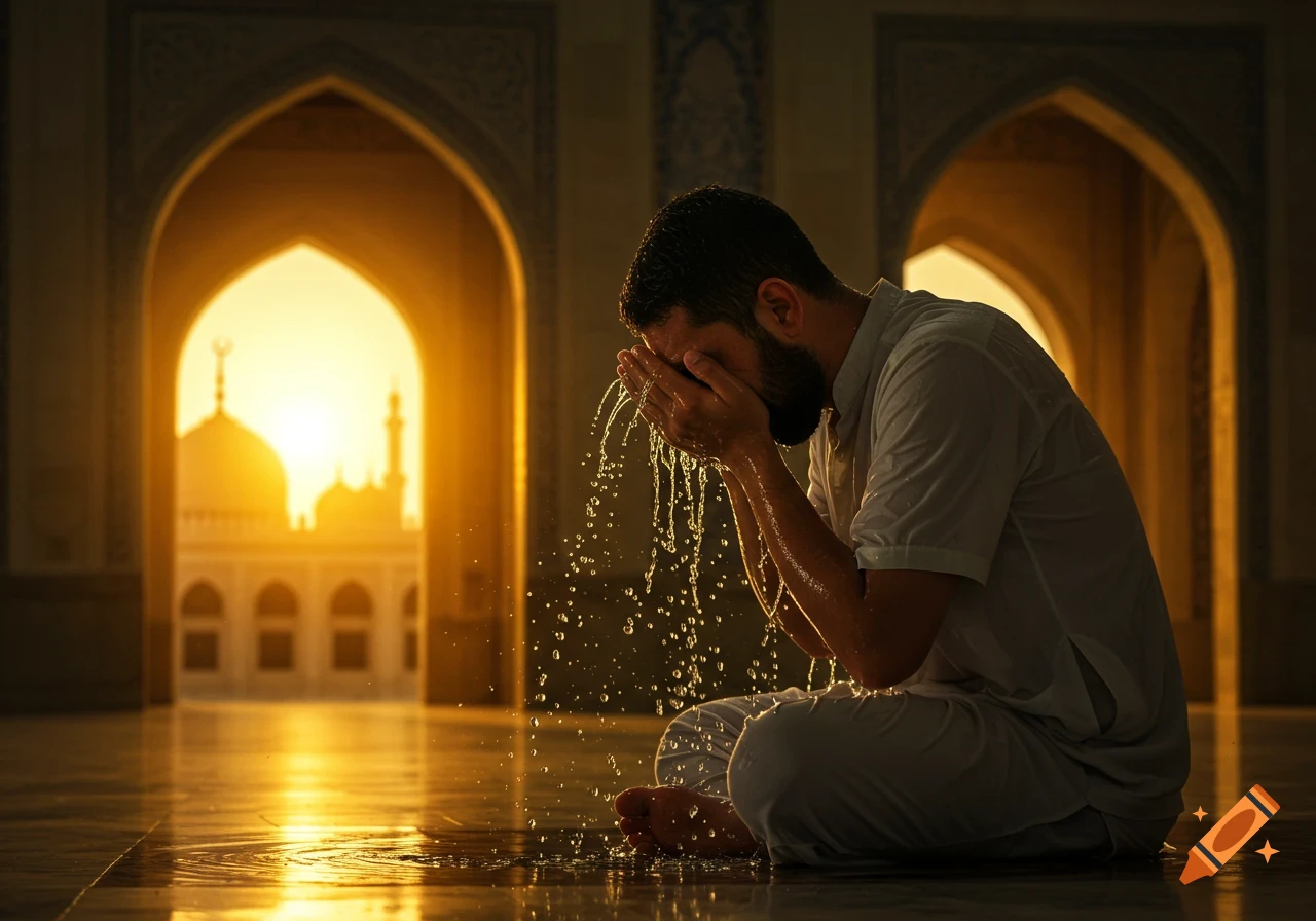 A peaceful Muslim man making wudu in a mosque, golden sunlight ...