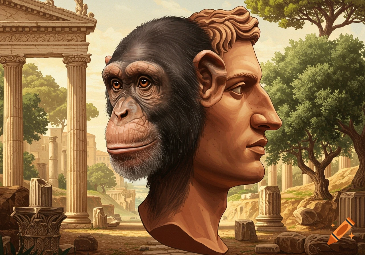 A two-faced head, with a chimpanzee on the left and a Roman man on the ...