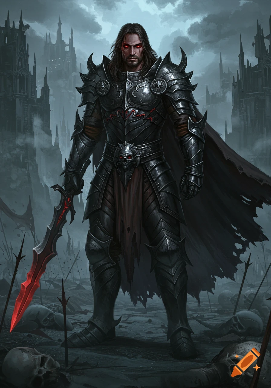 A dark fantasy illustration of a tall warrior in black armor with red ...