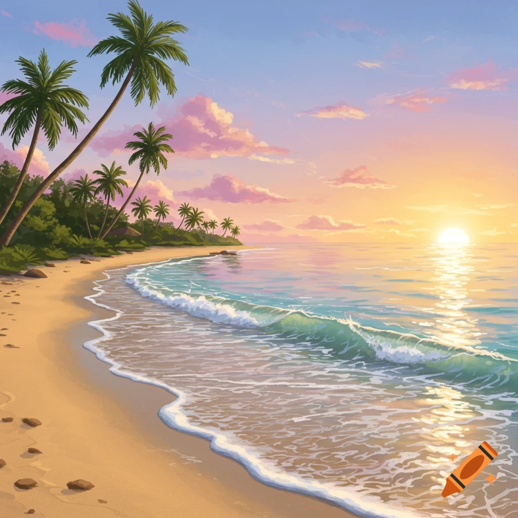 A vibrant tropical beach at sunset with waves crashing on the sand and palm trees swaying under ...