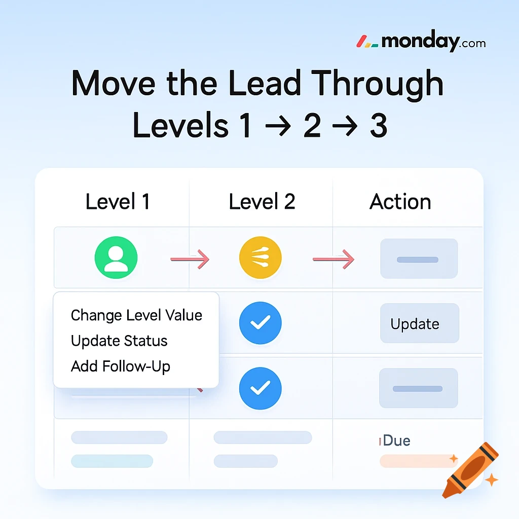 A Monday.com interface screen showing a workflow titled 'Move the Lead ...
