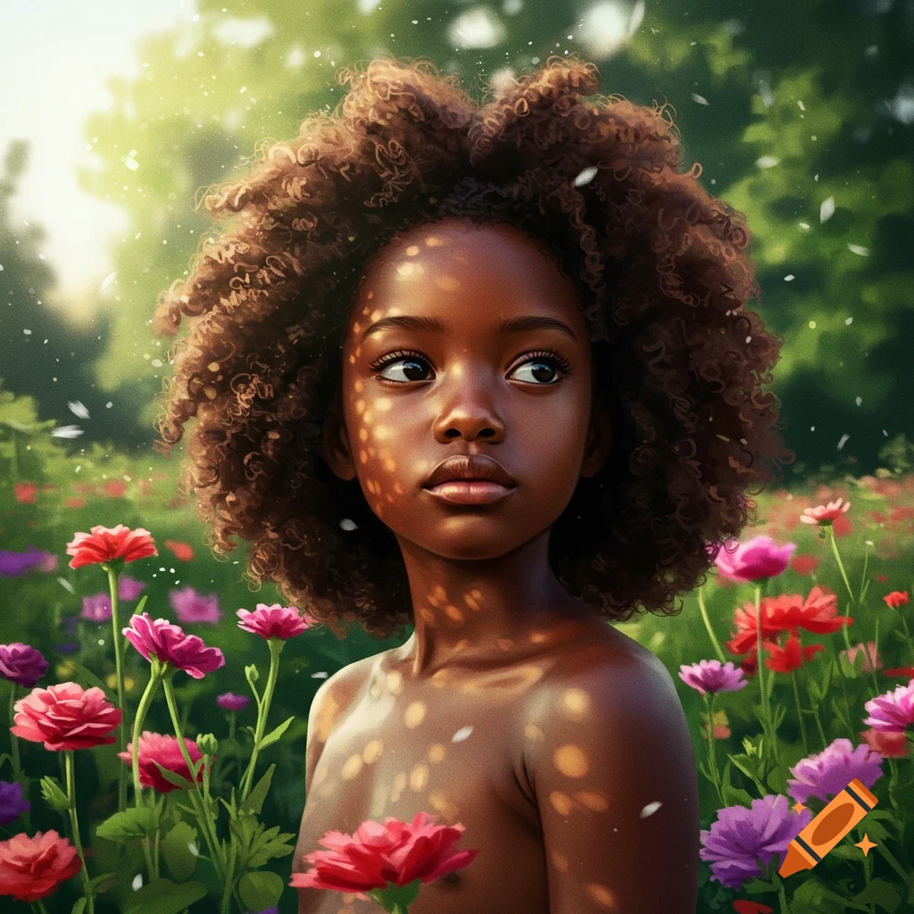 Young Black girl with curly hair in a sunlit field of pink and red flowers, looking thoughtfully ...