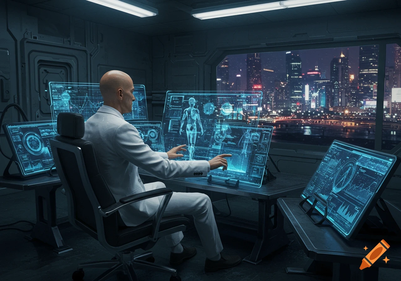 A bald man in a white suit interacts with multiple glowing holographic ...
