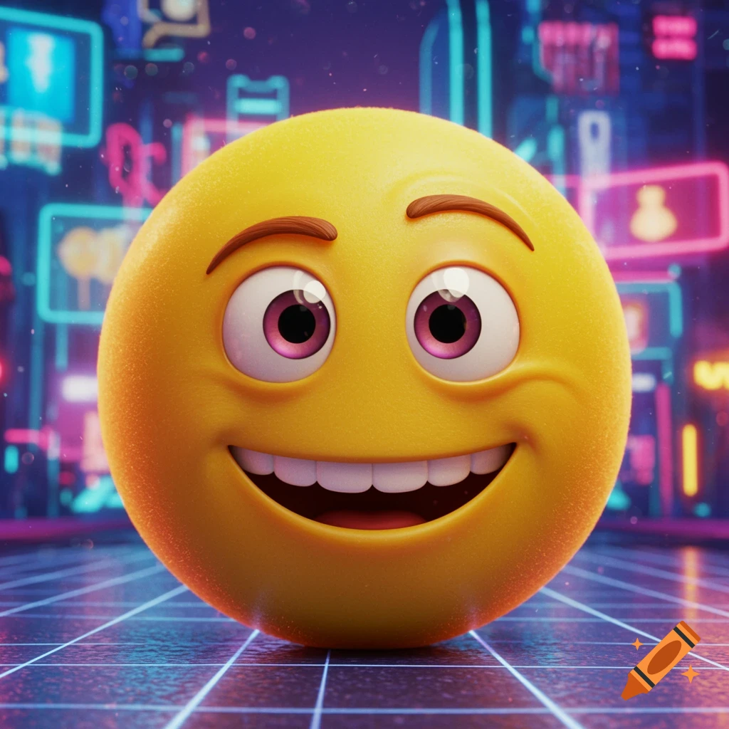 A hyper-realistic 3D rendered happy yellow emoji with big eyes and a ...