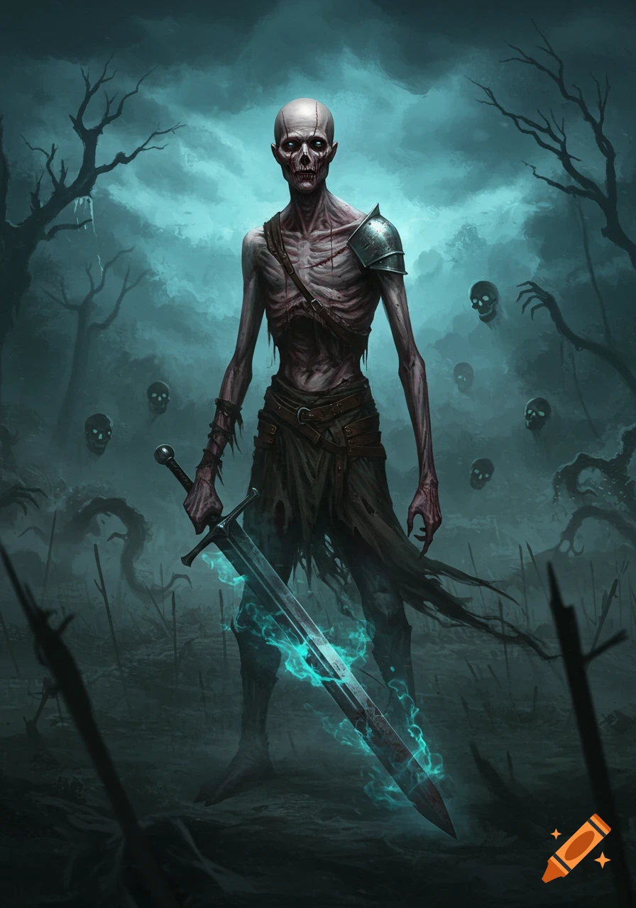 A skeletal warrior in a tattered cape holds a glowing sword and shield ...