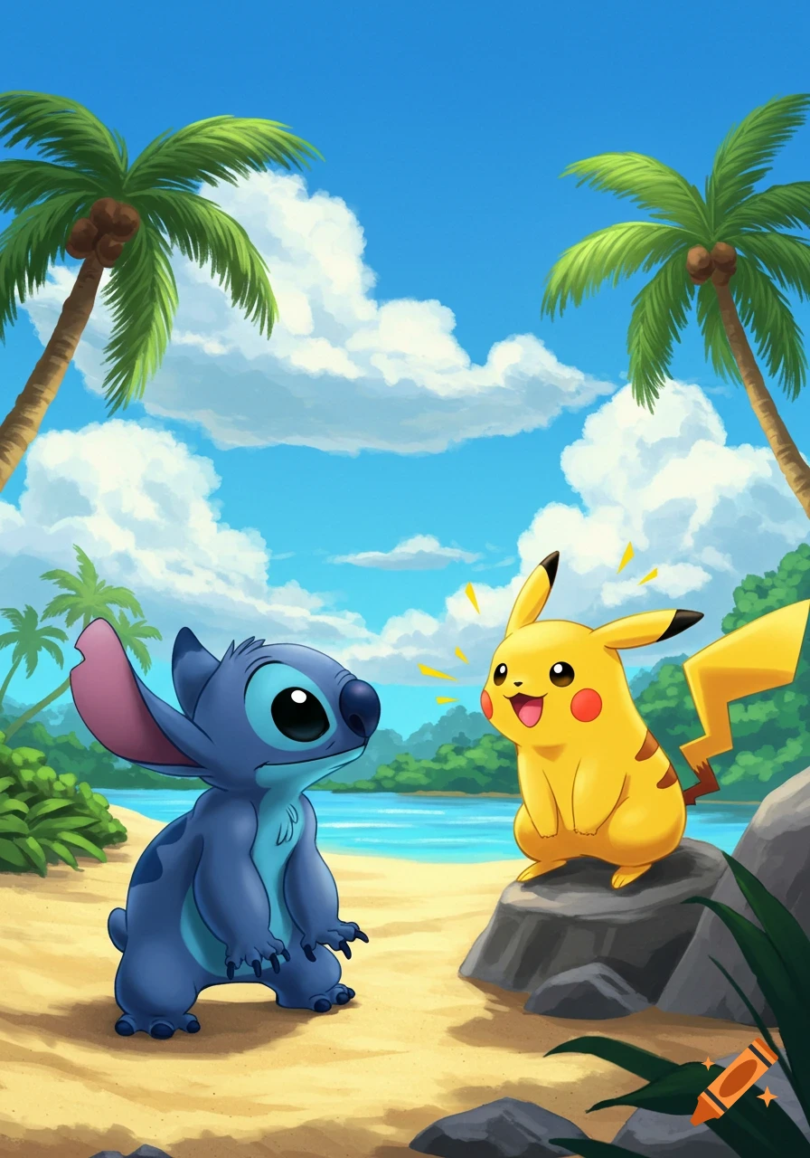 Stitch and Hello Kitty hug in a field with hearts floating, cartoon ...