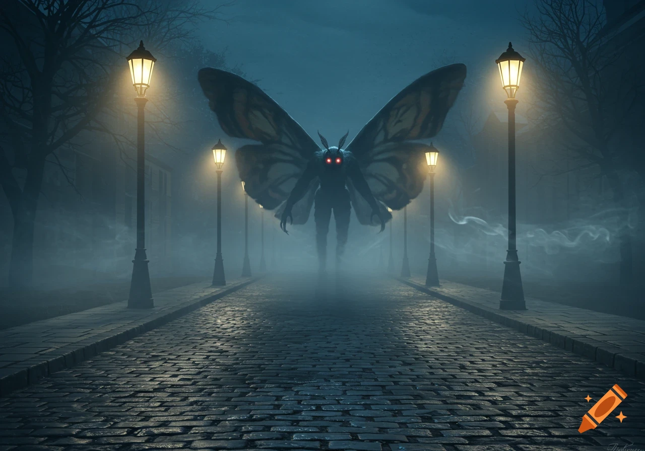 Mothman with glowing red eyes stands on a foggy cobblestone street at ...