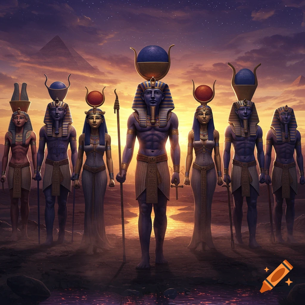 Seven ancient Egyptian gods and goddesses, depicted as statues, stand ...