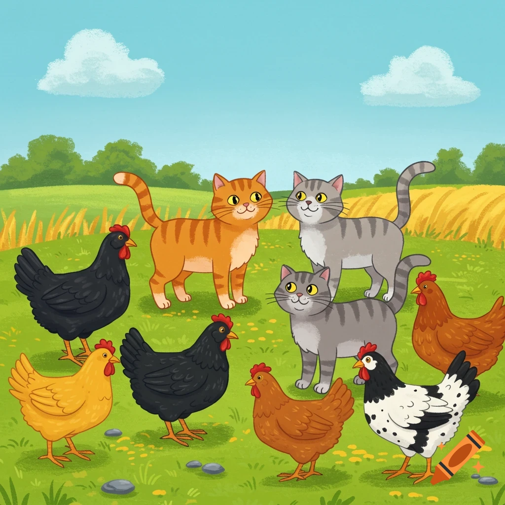 A colorful cartoon illustration of two orange tabby cats, three gray ...