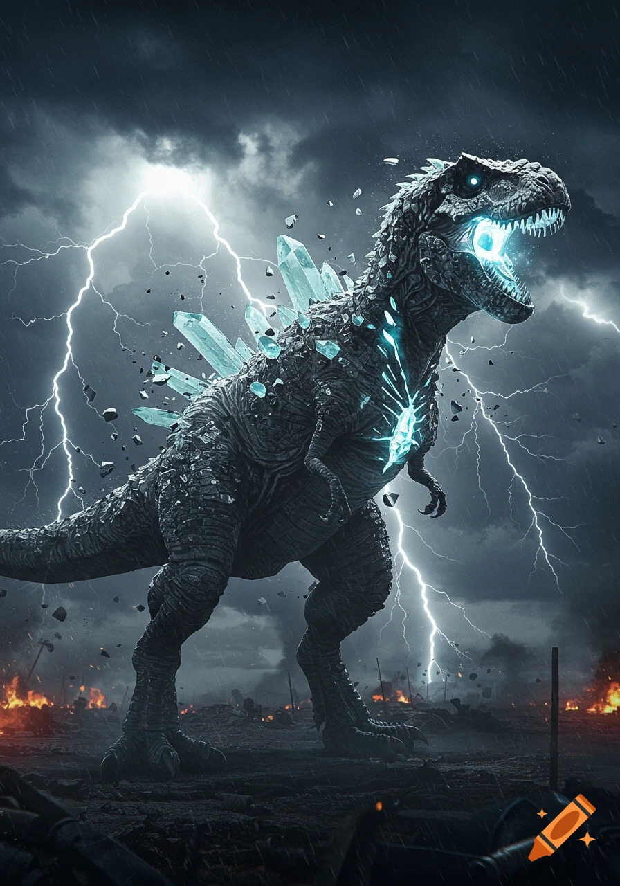 A colossal, crystal-spiked dinosaur monster with glowing blue eyes and ...