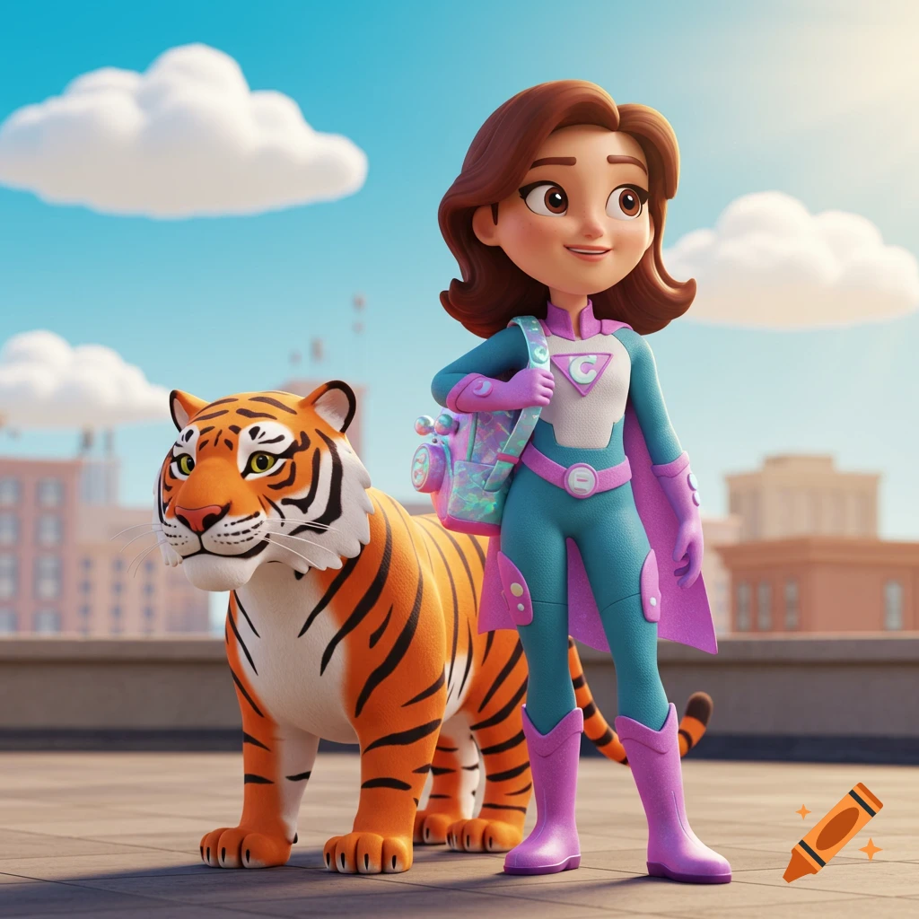 A female superhero in a teal and pink suit with a backpack stands next ...