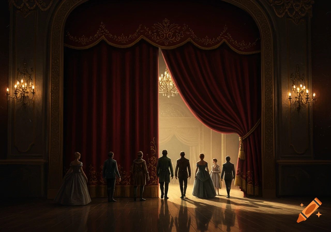 Silhouettes of actors walk off a grand stage with red velvet curtains ...