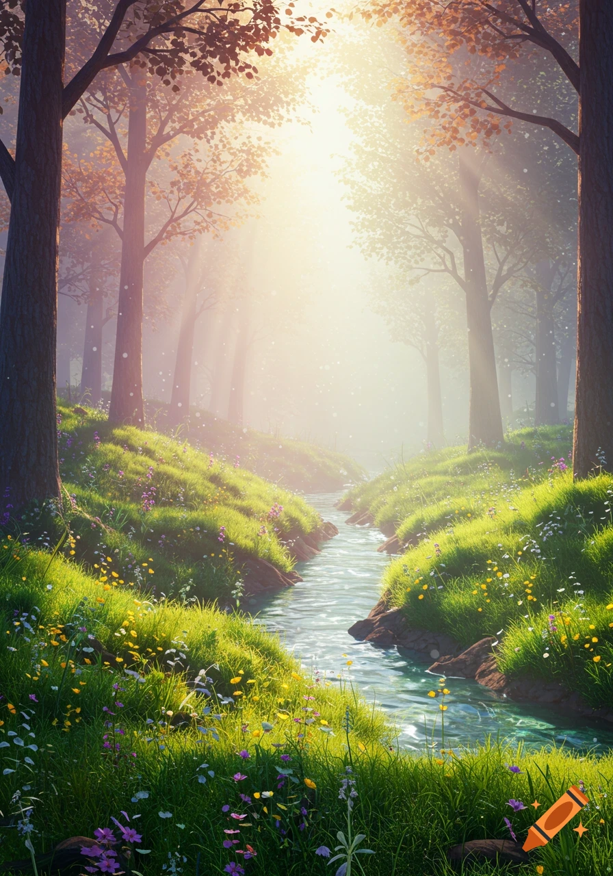 A vibrant painted scene of a winding stream flowing through a sunlit ...