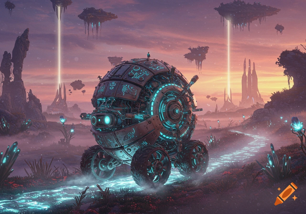 A whimsical steampunk landscape with a giant paperclip structure ...