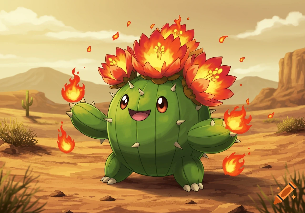 A cute, green and red Pok amon-style crab creature with leaf antennae ...