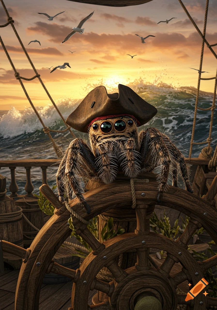 A photorealistic spider wearing a pirate hat steers a wooden ship at ...