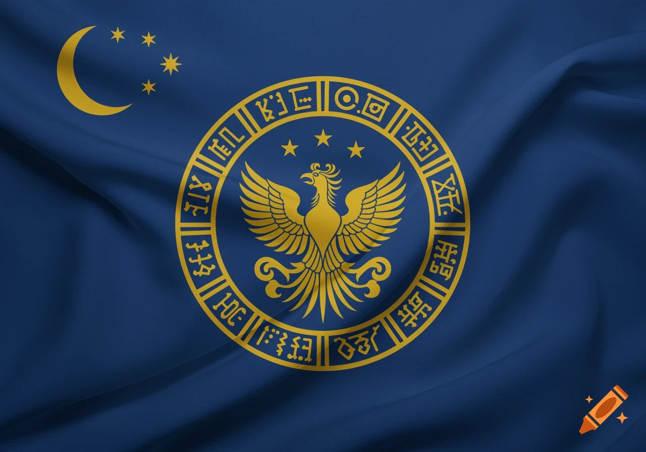 A red flag featuring a hexagonal emblem of an erupting volcano above ...