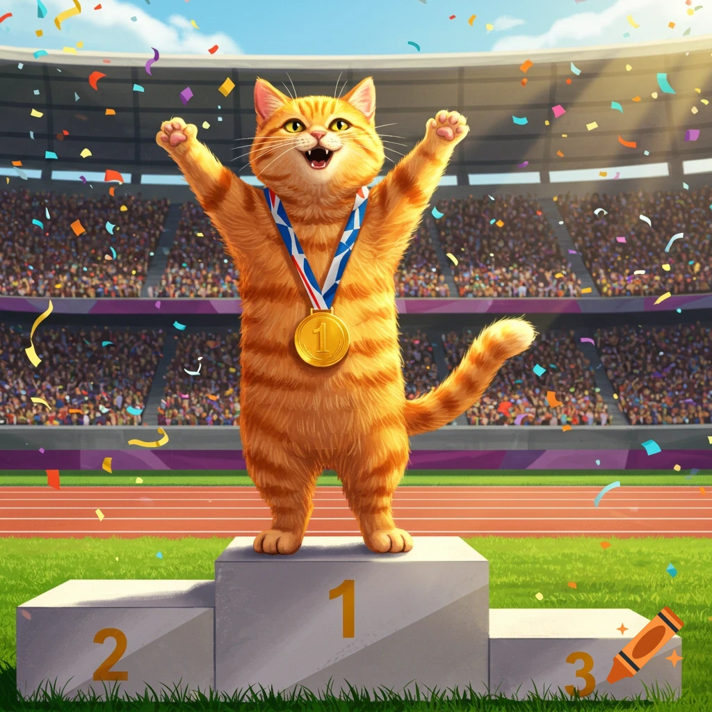 A cartoon orange tabby cat wearing a gold medal stands on the first ...