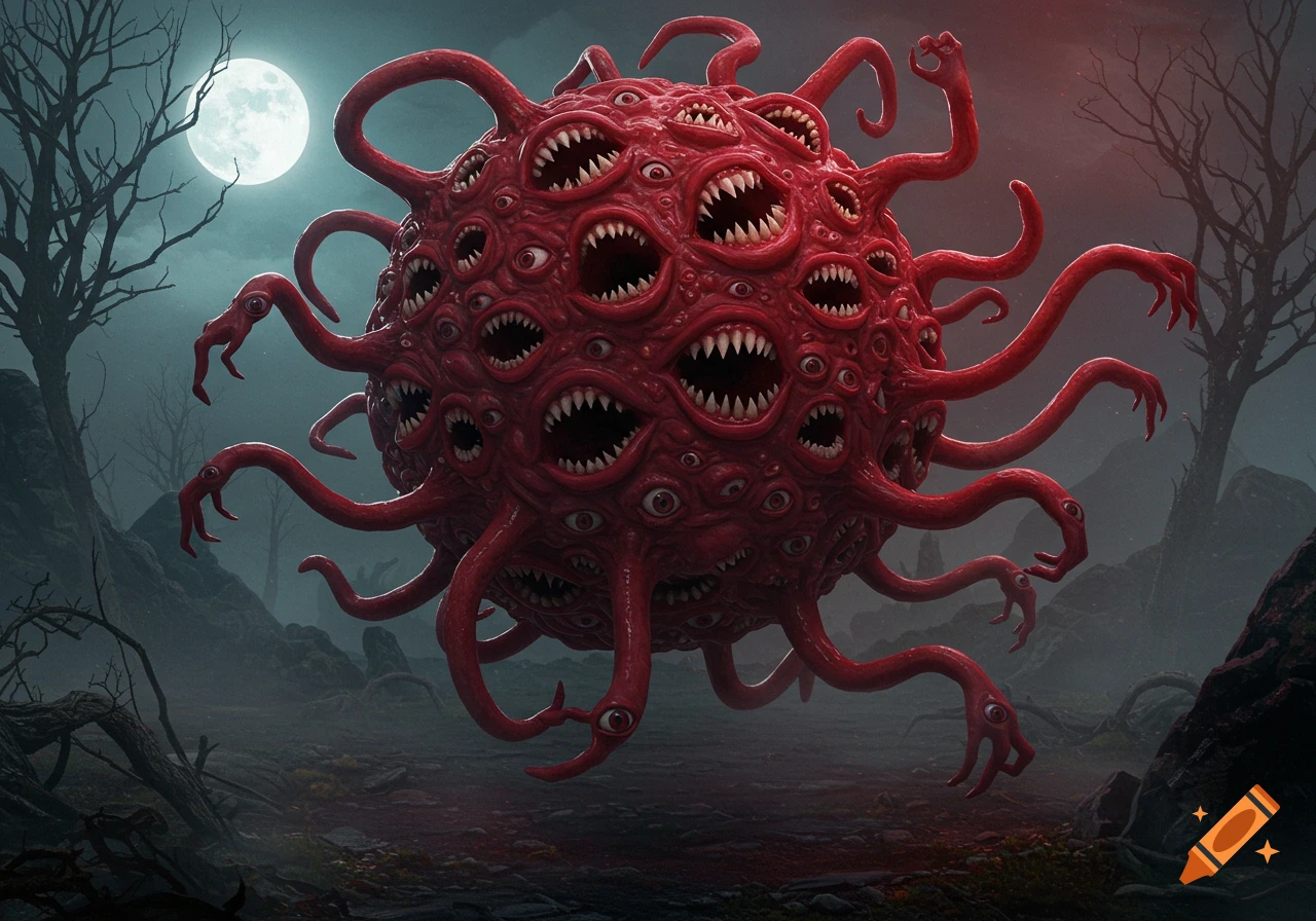 A grotesque red monster with many glowing eyes and tentacles in a dark ...