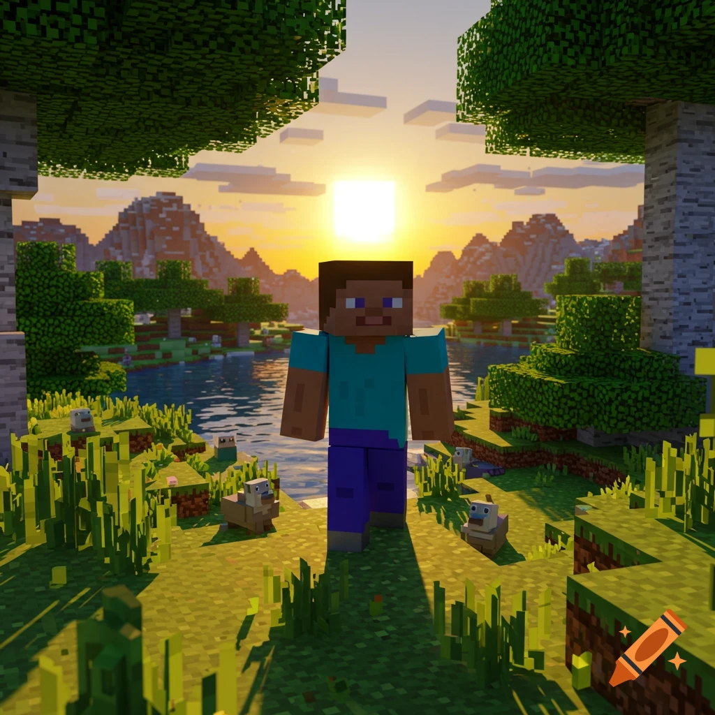 Minecraft character Steve stands in a blocky landscape with trees ...