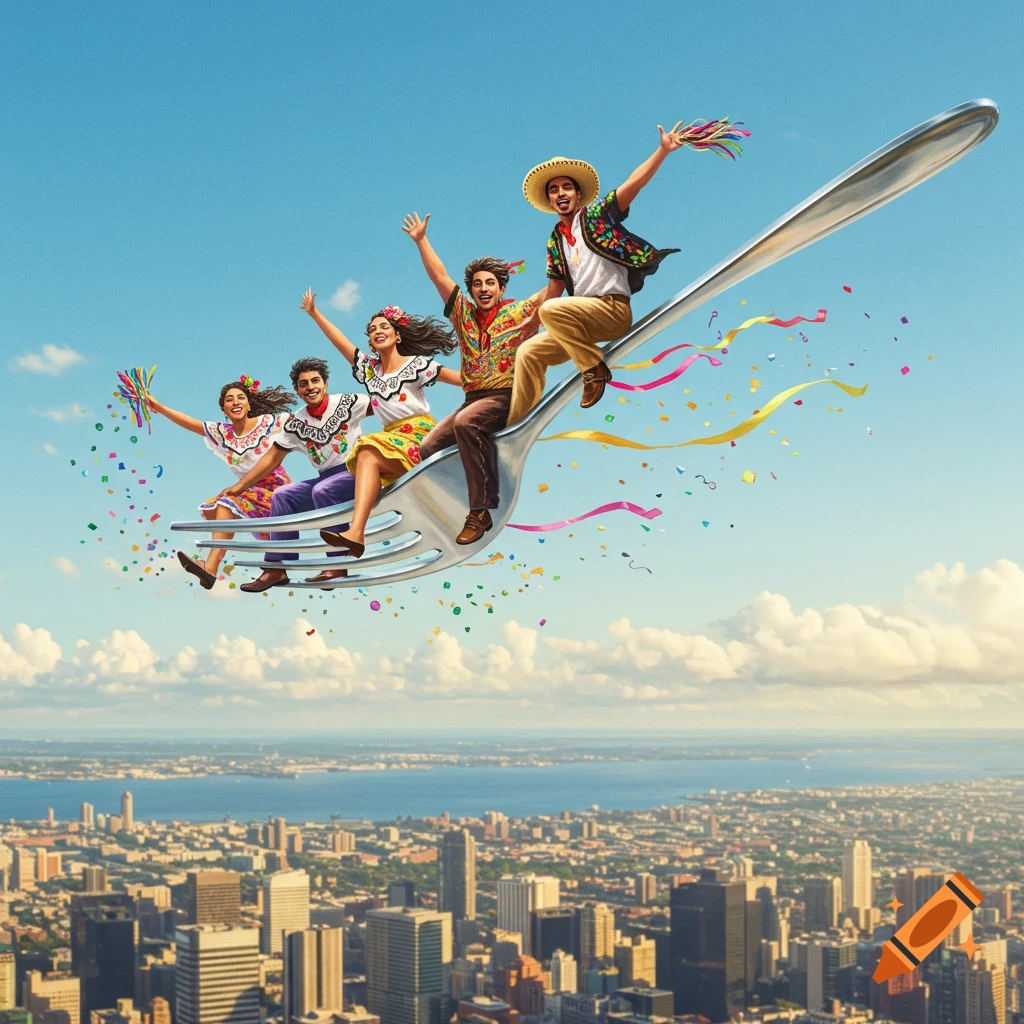 Four people in traditional Latin attire joyfully ride a giant fork ...