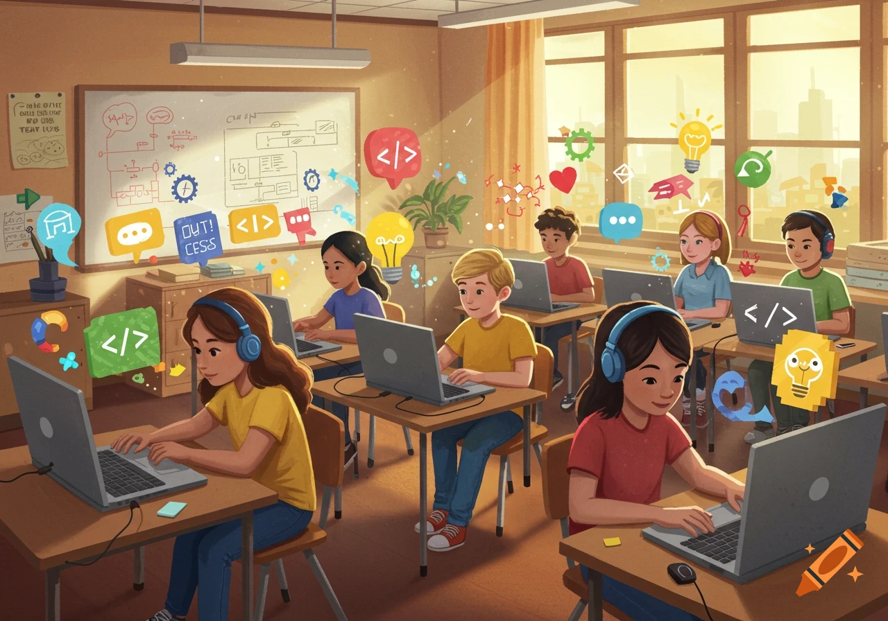 A classroom of diverse middle school students, each with headphones ...