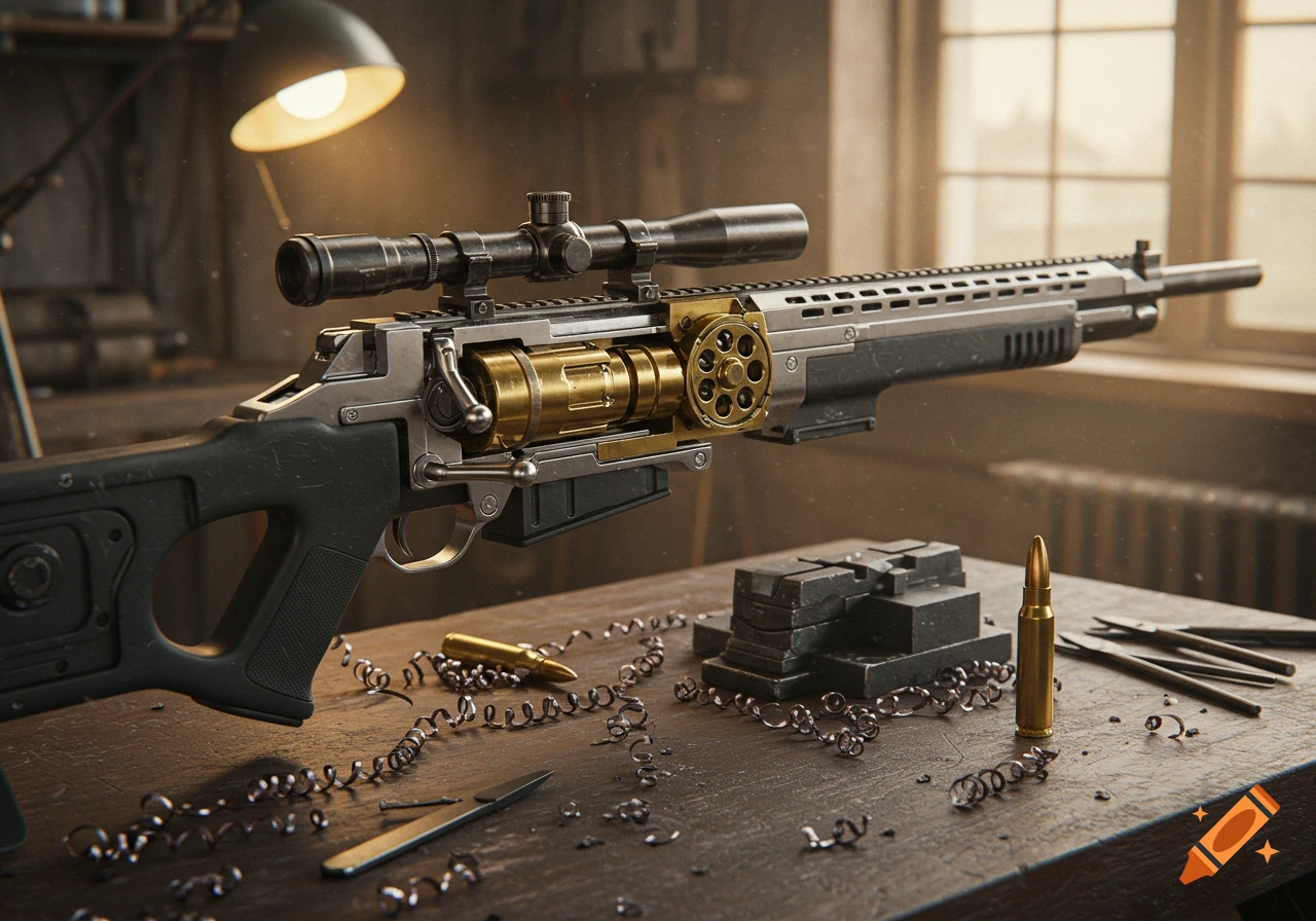 A photorealistic close-up of a custom long-range battle rifle with a ...
