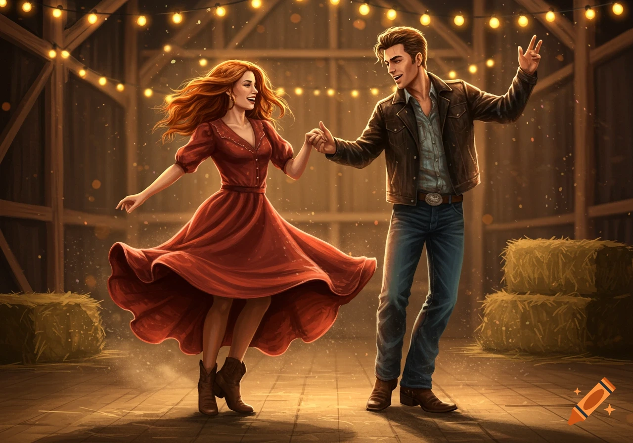 A smiling man and woman in country attire dance in a warmly lit rustic ...