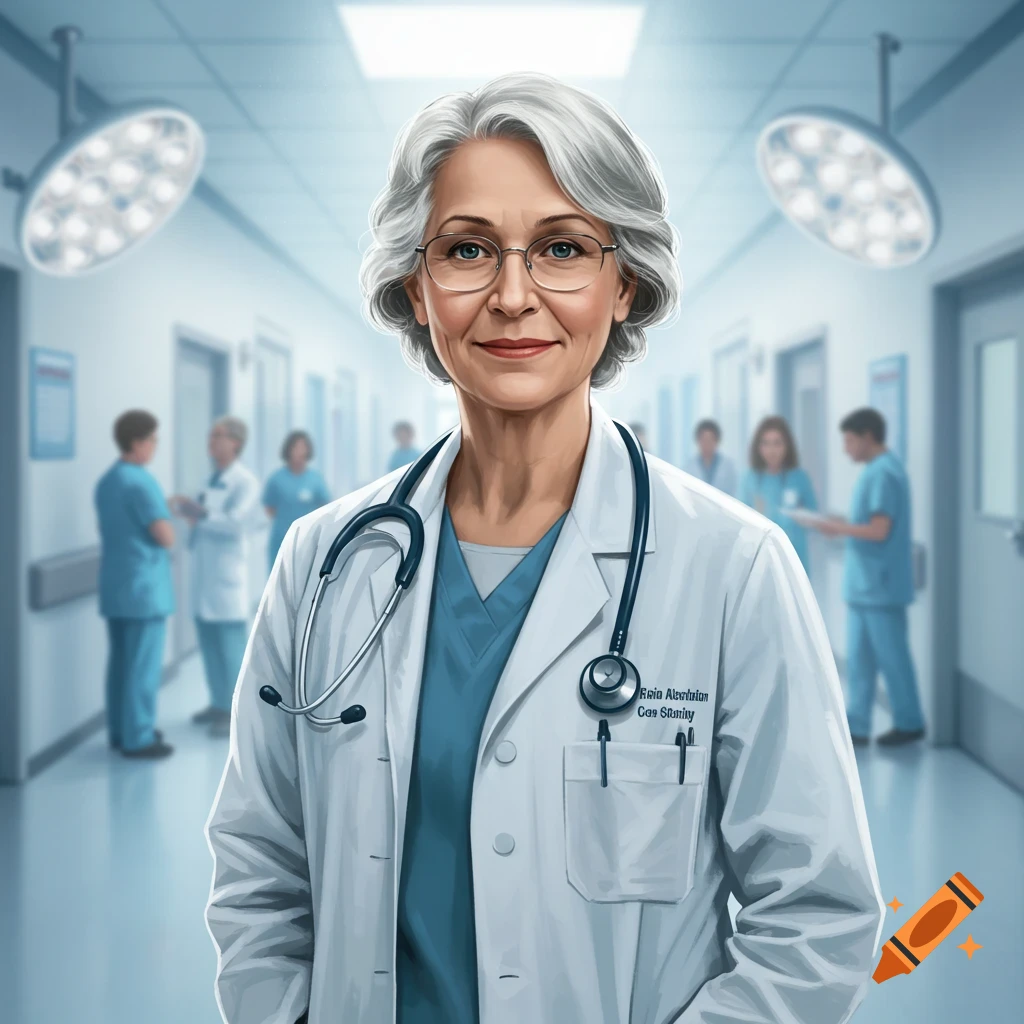 A middle-aged female doctor with gray hair and glasses smiles in a ...