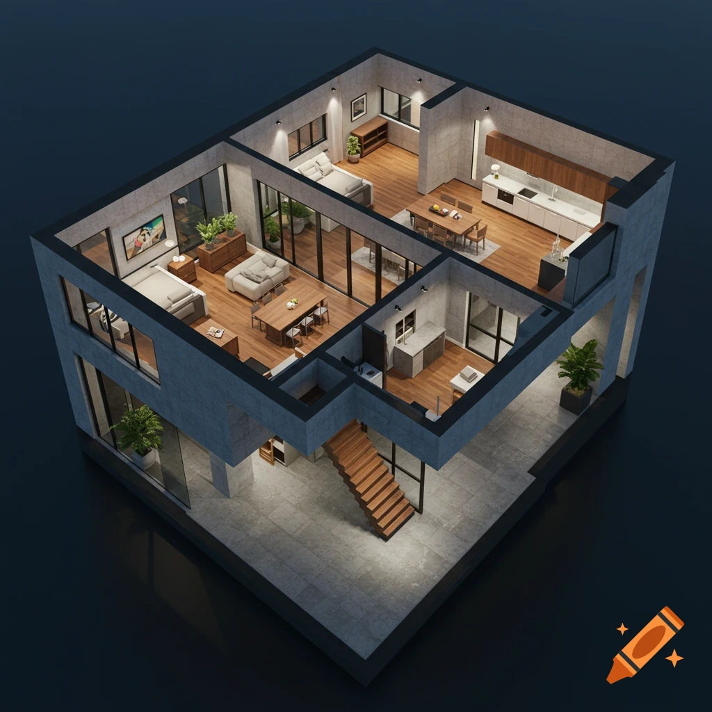 Top-down architectural floor plan of a house layout with rooms and ...