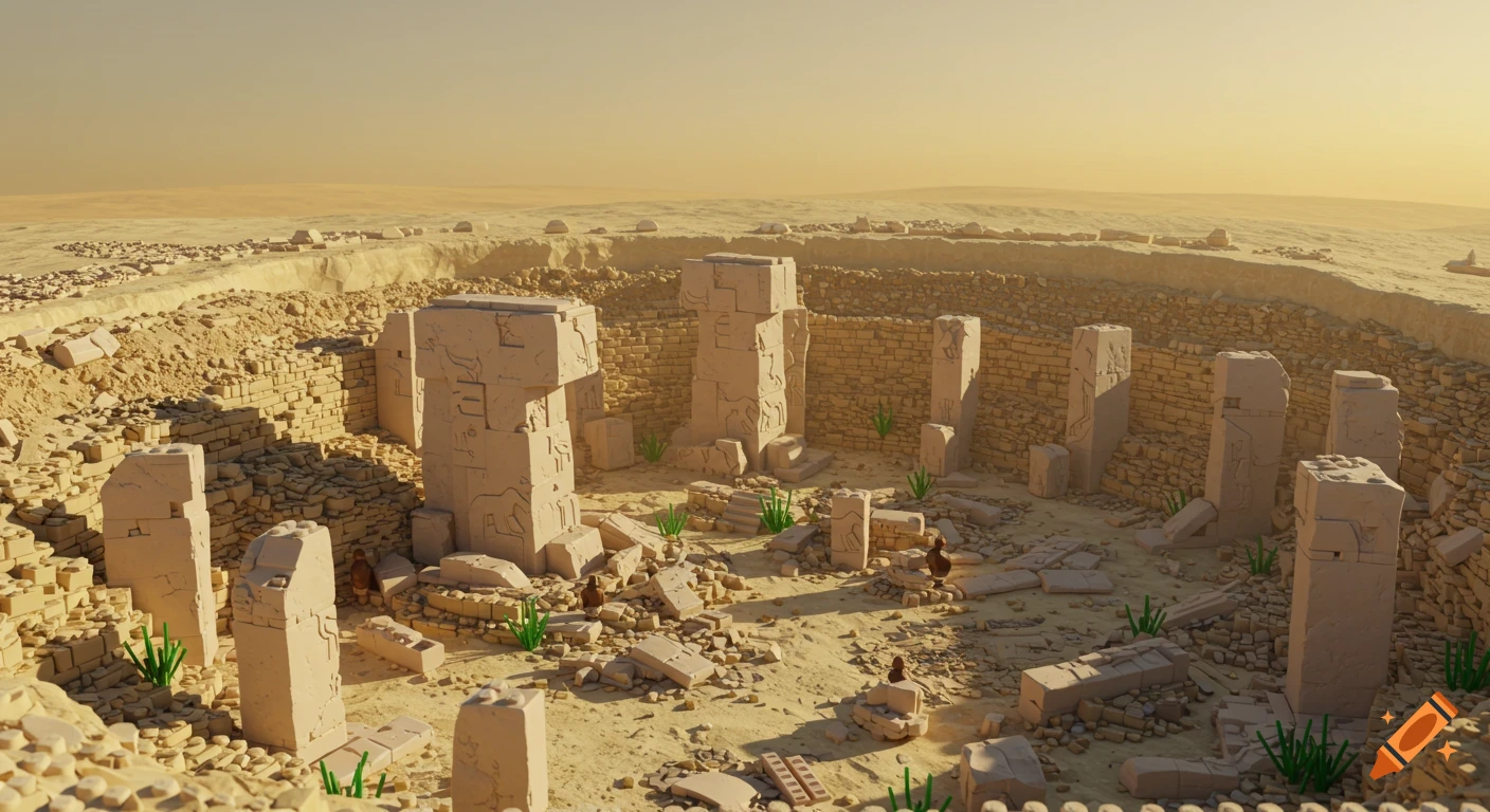 A top-down view of ancient desert ruins made of LEGO bricks, resembling ...