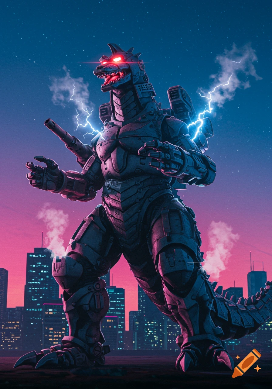 A powerful, metallic Mechagodzilla-like creature with glowing red eyes ...
