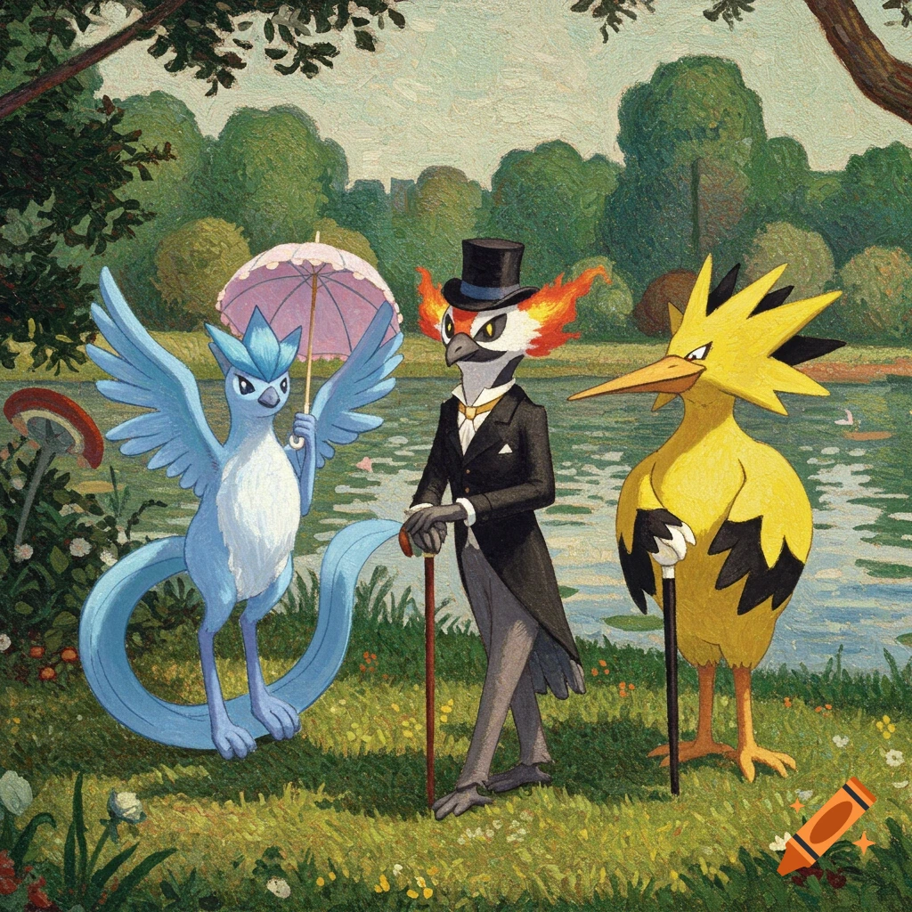 Galarian Articuno, Moltres, and Zapdos dressed in human clothes stand ...