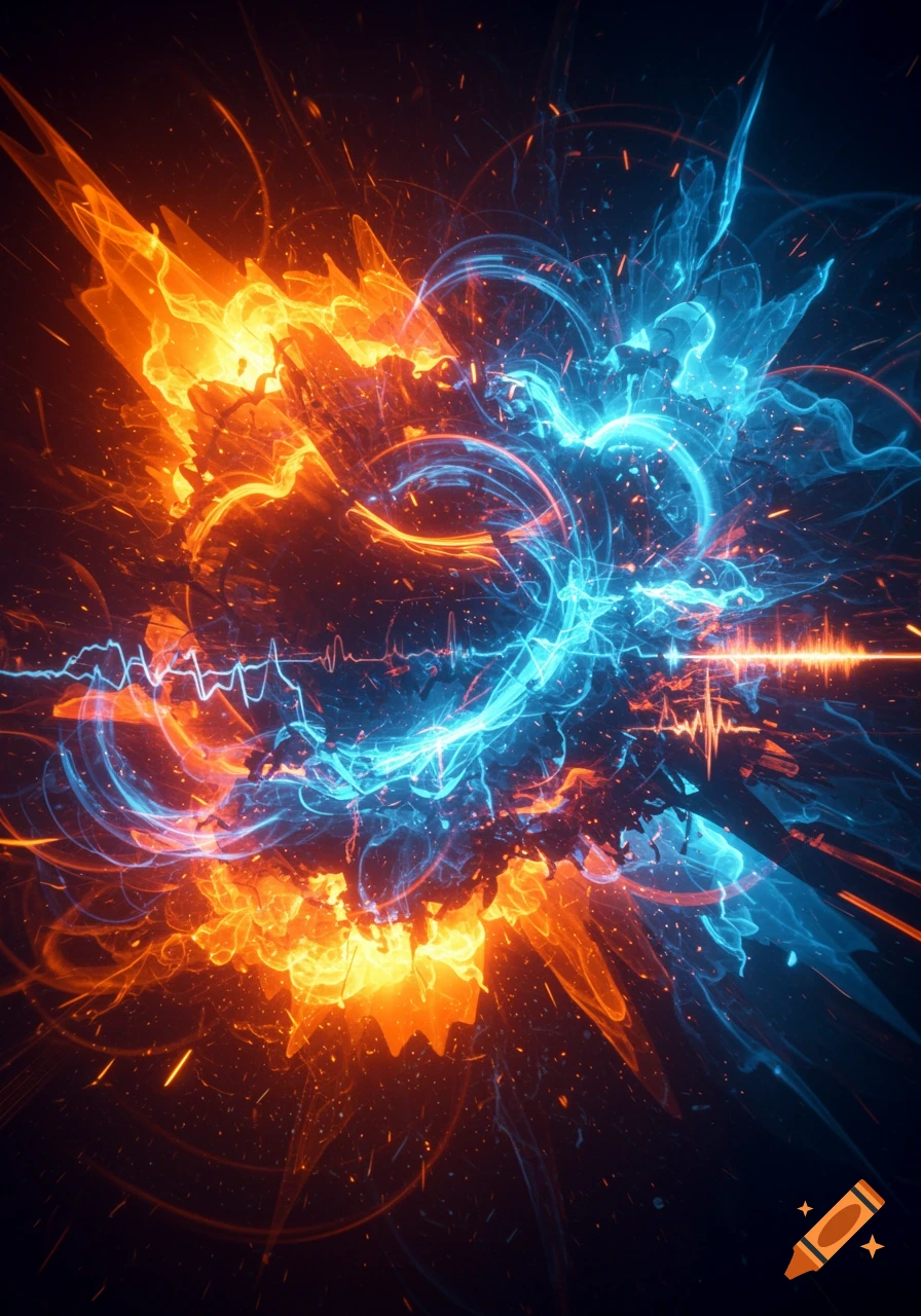 Abstract painting with swirling blue and orange lines converging to a ...
