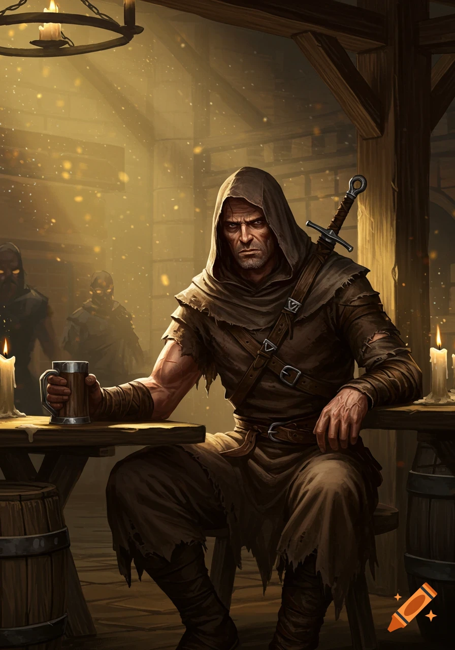 A grim-faced hooded man with a sword sits at a wooden table in a dimly lit tavern, holding a mug ...
