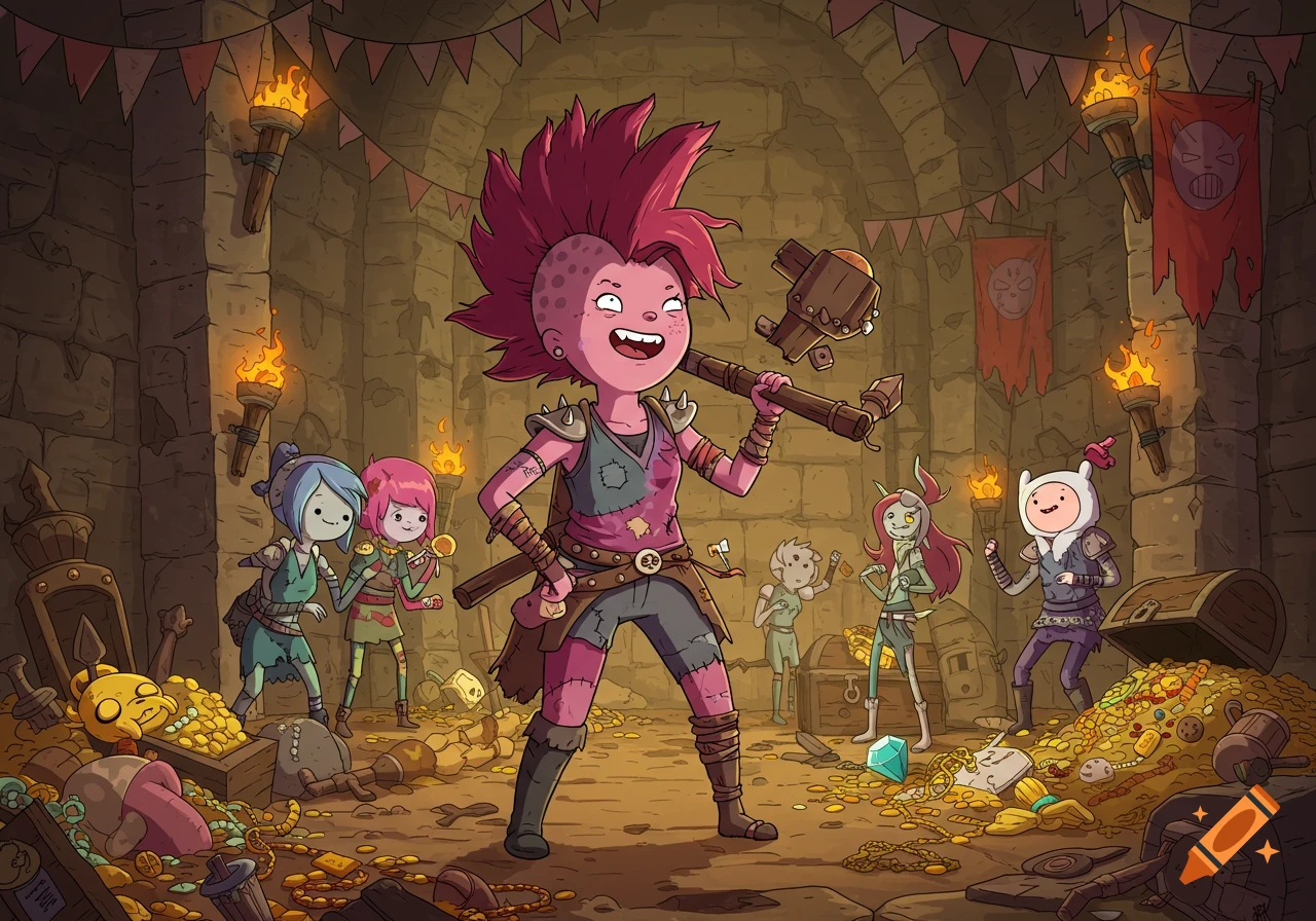 A group of stylized raider characters, resembling the Adventure Time ...