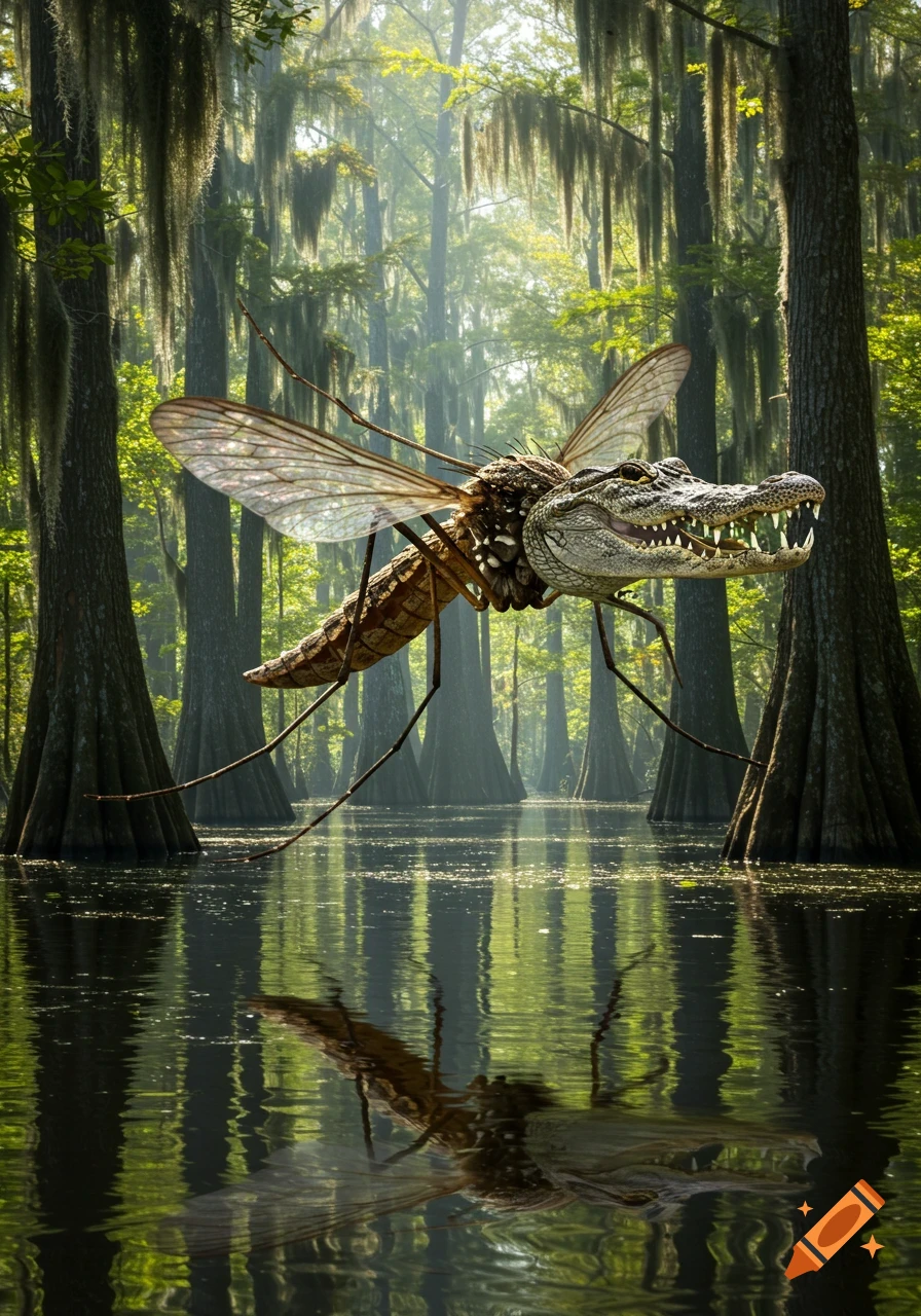 A photorealistic mosquito with an alligator head flies over water in a ...