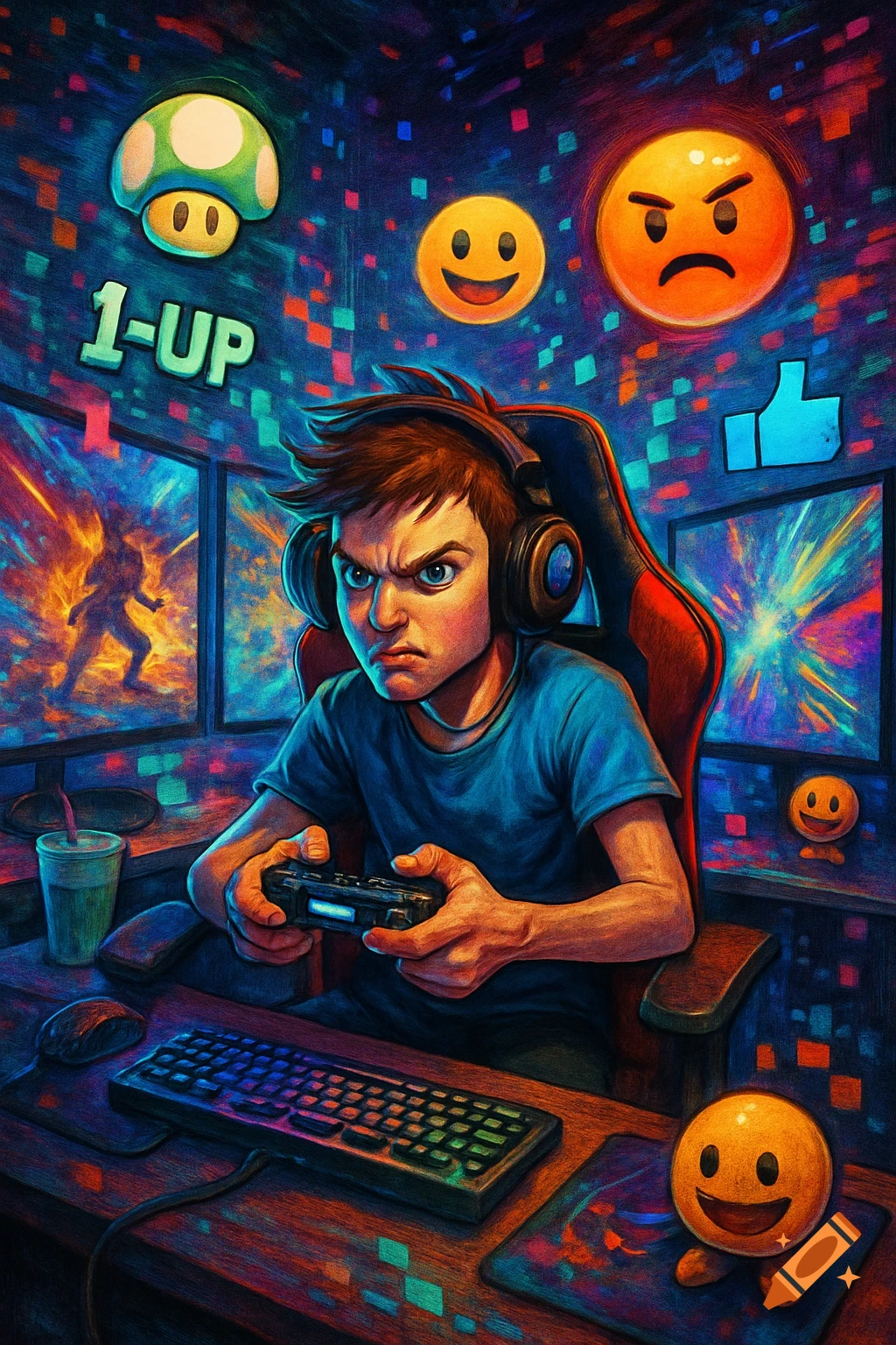 A cute boy with blonde hair and blue eyes plays on a computer, under a ...