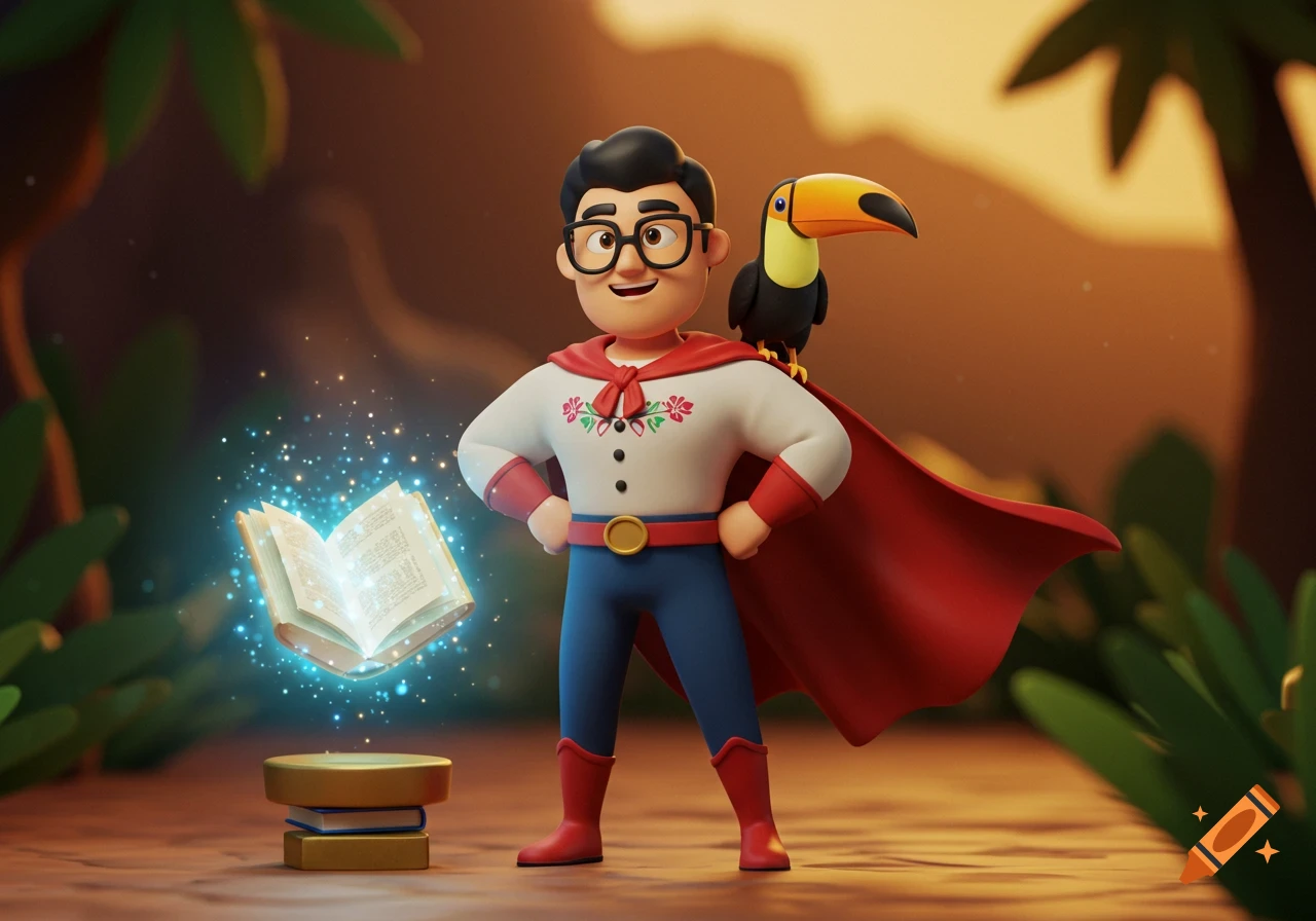 A cute, stylized 3D character with large ears, spiky blue hair, and a ...