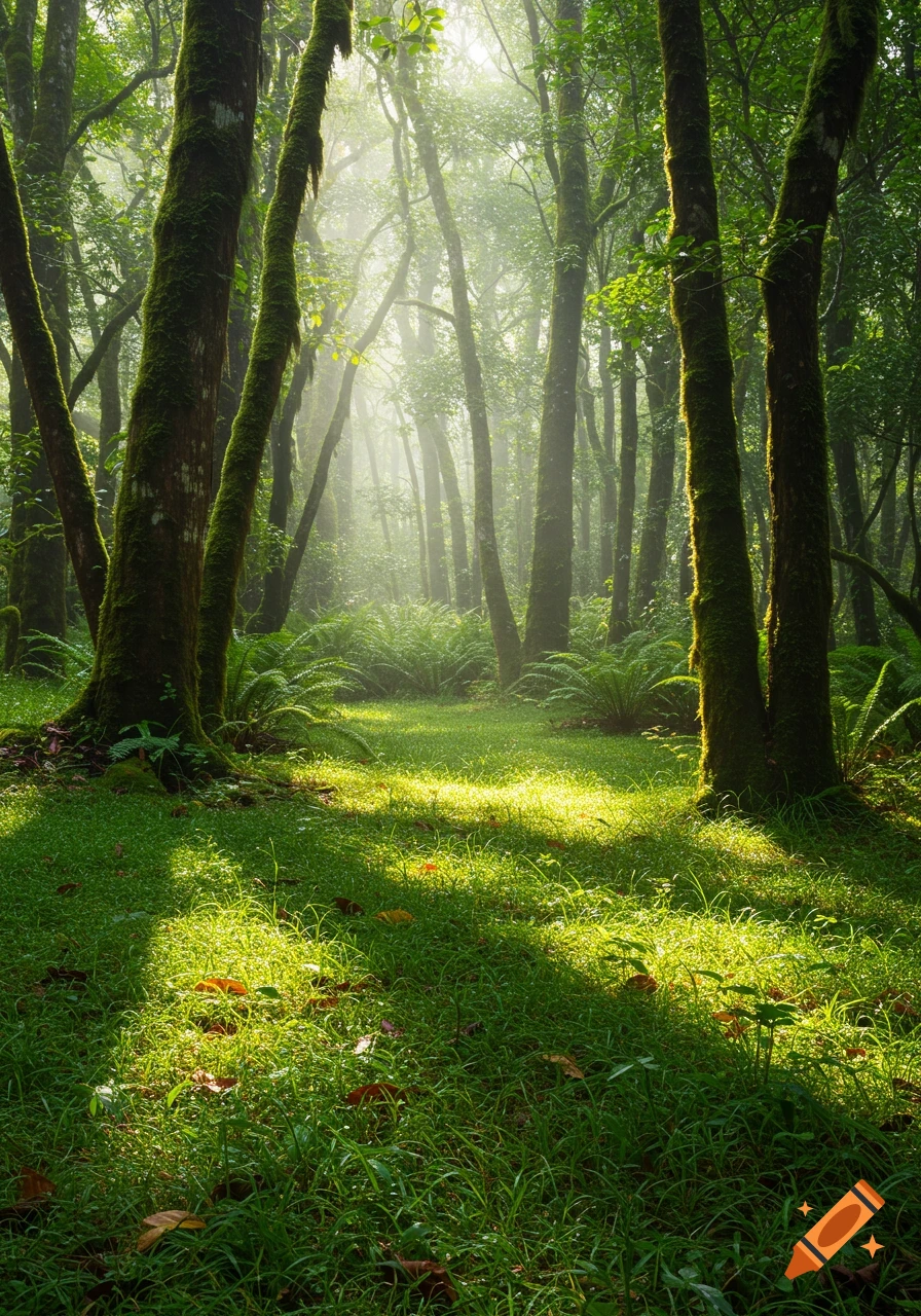 Sunlit rainforest with tall, mossy trees and a lush, grassy floor. on Craiyon