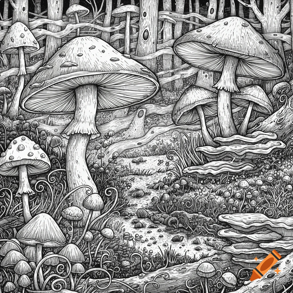 Detailed black and white line drawing of a dense, fantastical mushroom ...