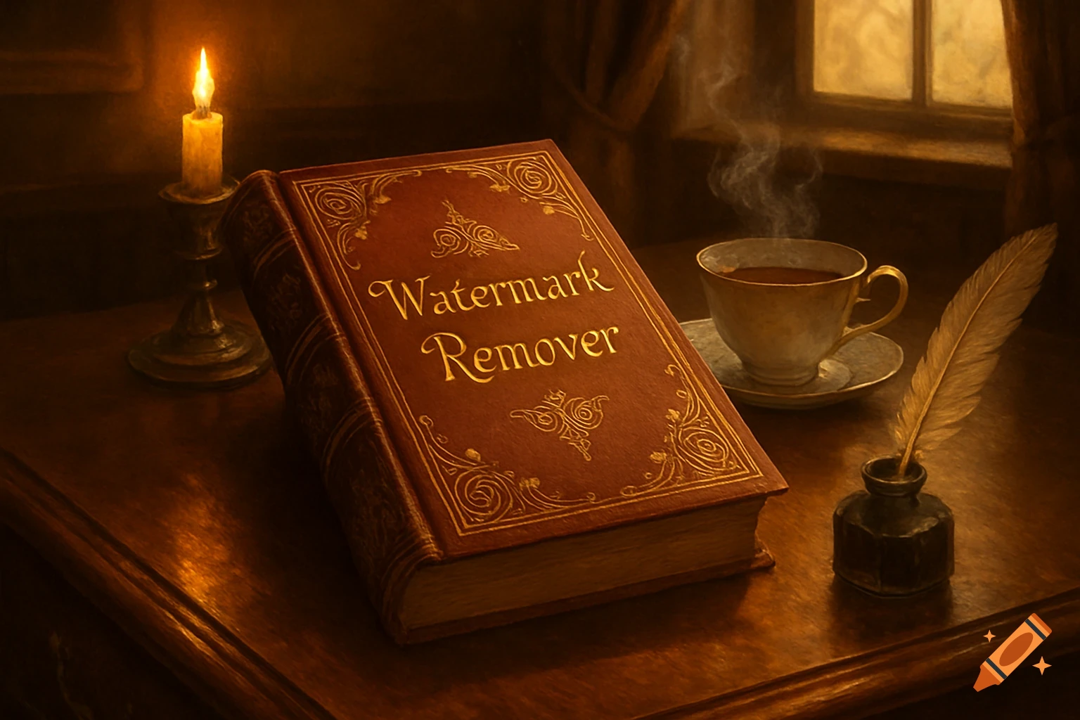 A vintage scene with a lit candle, a book titled Watermark Remover, a ...