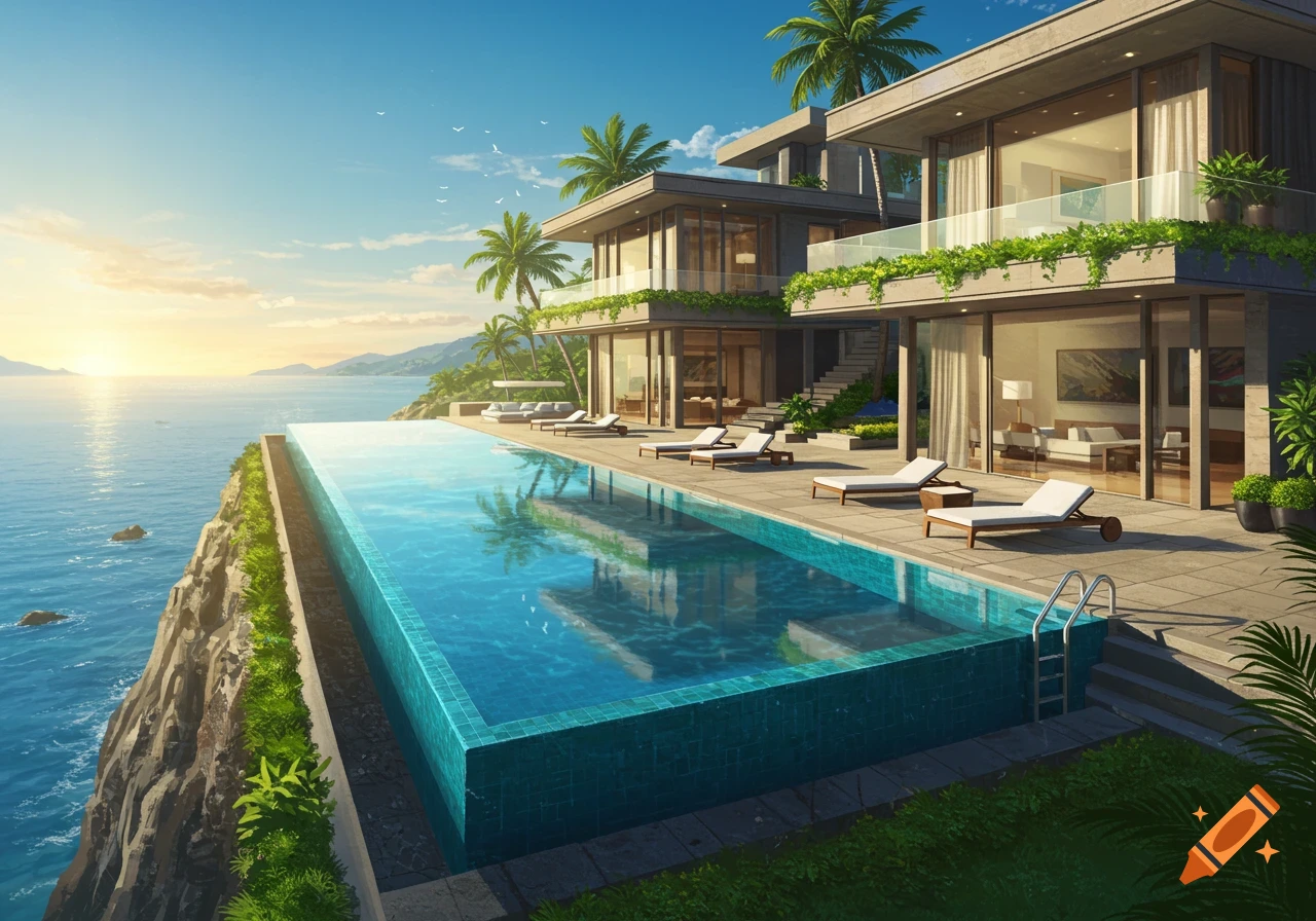 A modern luxury mansion with an infinity pool overlooking the ocean at ...