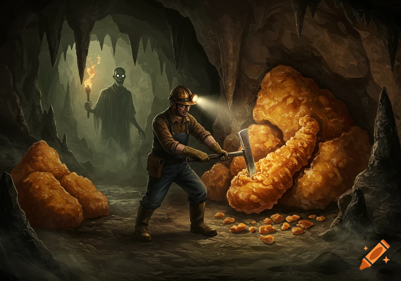 A miner with a pickaxe digs large chicken tender-like formations in a ...