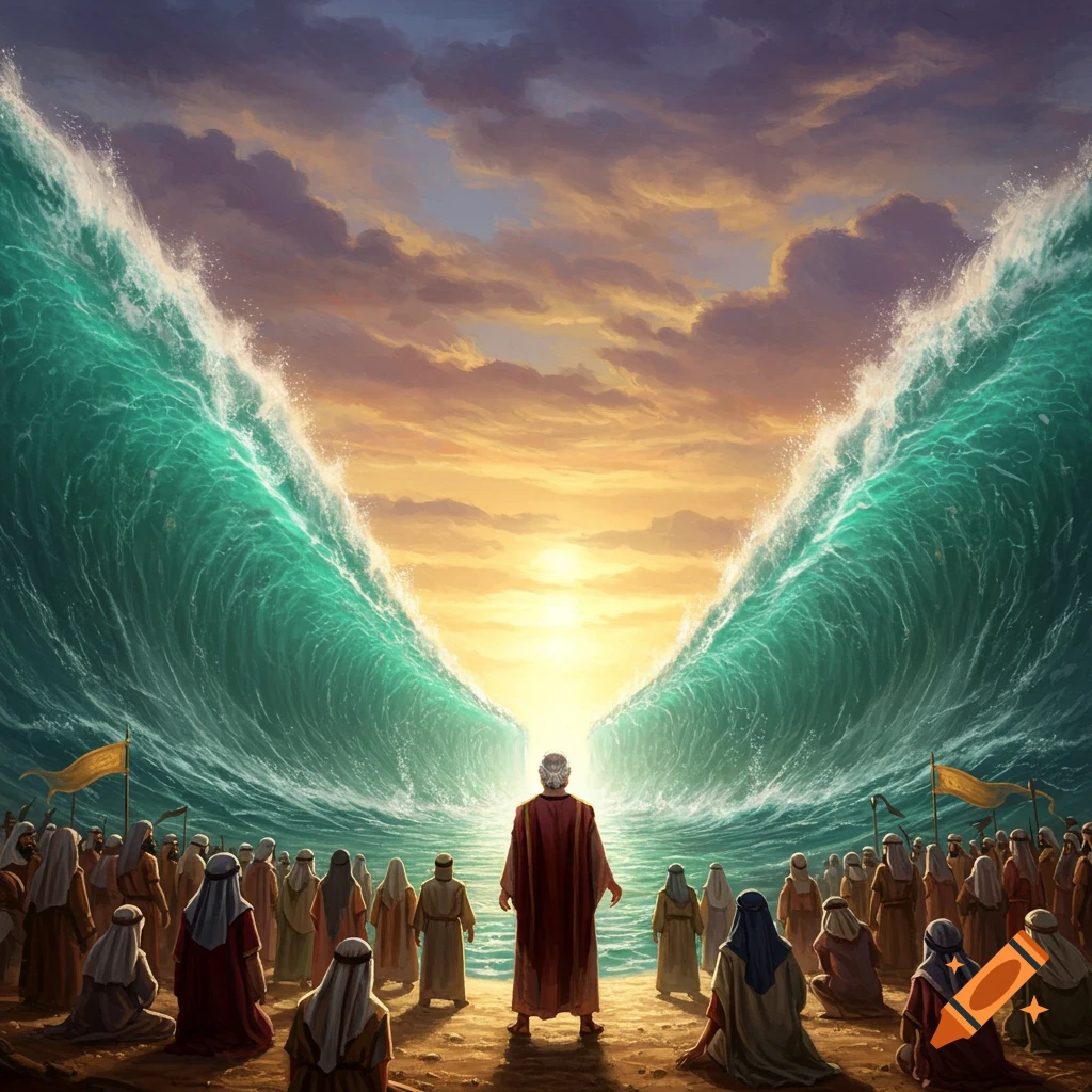 Moses stands with a crowd of people on a shore as a massive sea parts ...
