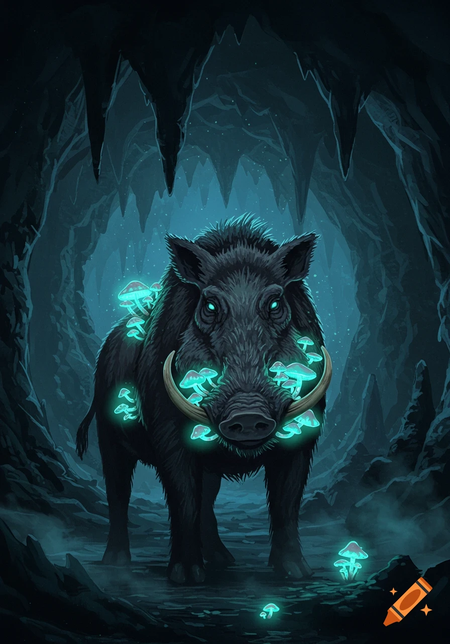 A dark, stylized illustration of a black boar with glowing blue eyes ...