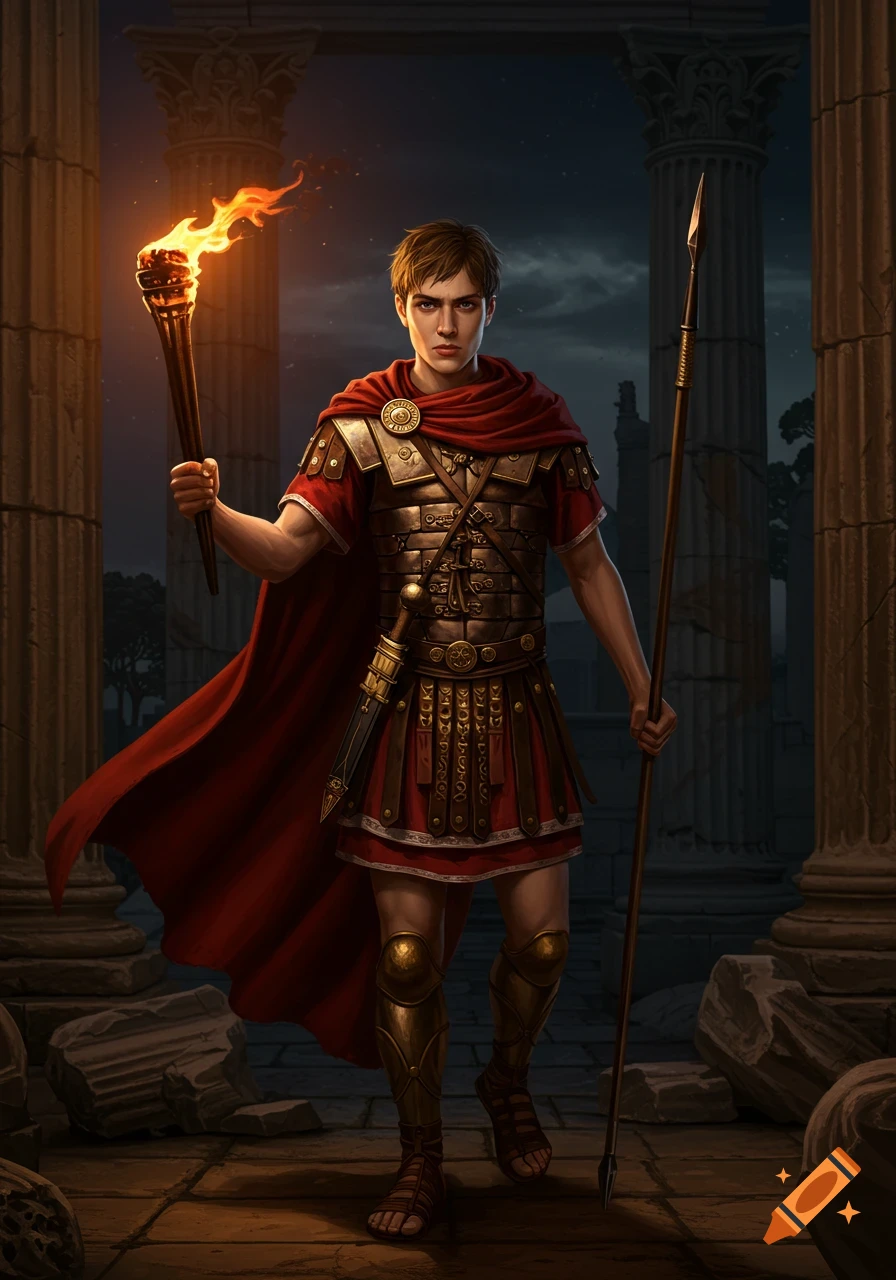 A young Roman soldier in red and gold armor holding a burning torch and ...